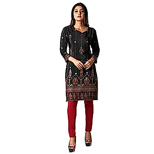 India Kurtis for Women Silk Long Indian Kurta Tunic Party Wear Tops (Black, M)