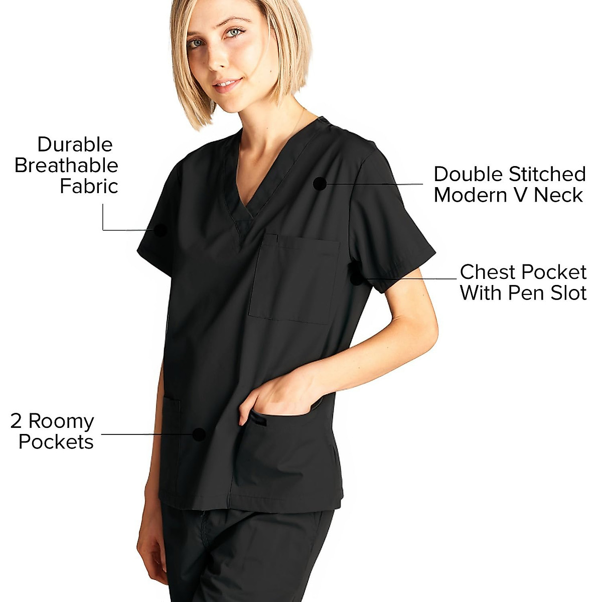 Dagacci Medical Uniform Womens and Mens Scrub Set Unisex Medical Scrub Shirt Top and Pant, Black, Medium, Short Sleeve