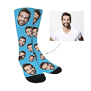 Custom Print Your Photo Pet Face Socks, Personalized Change Men Face Size Crew Socks for Men Women Blue