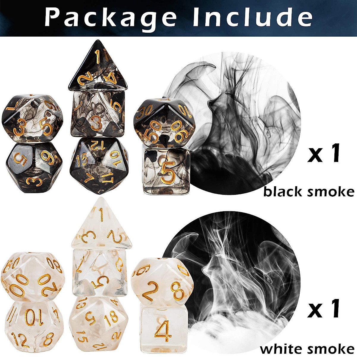 2 Sets DND Dice Set Black White D&D Dice Smoke Clear Resin Polyhedral Crystal D20 Dice for Dungeons and Dragons RPG Tabletop Game Accessories