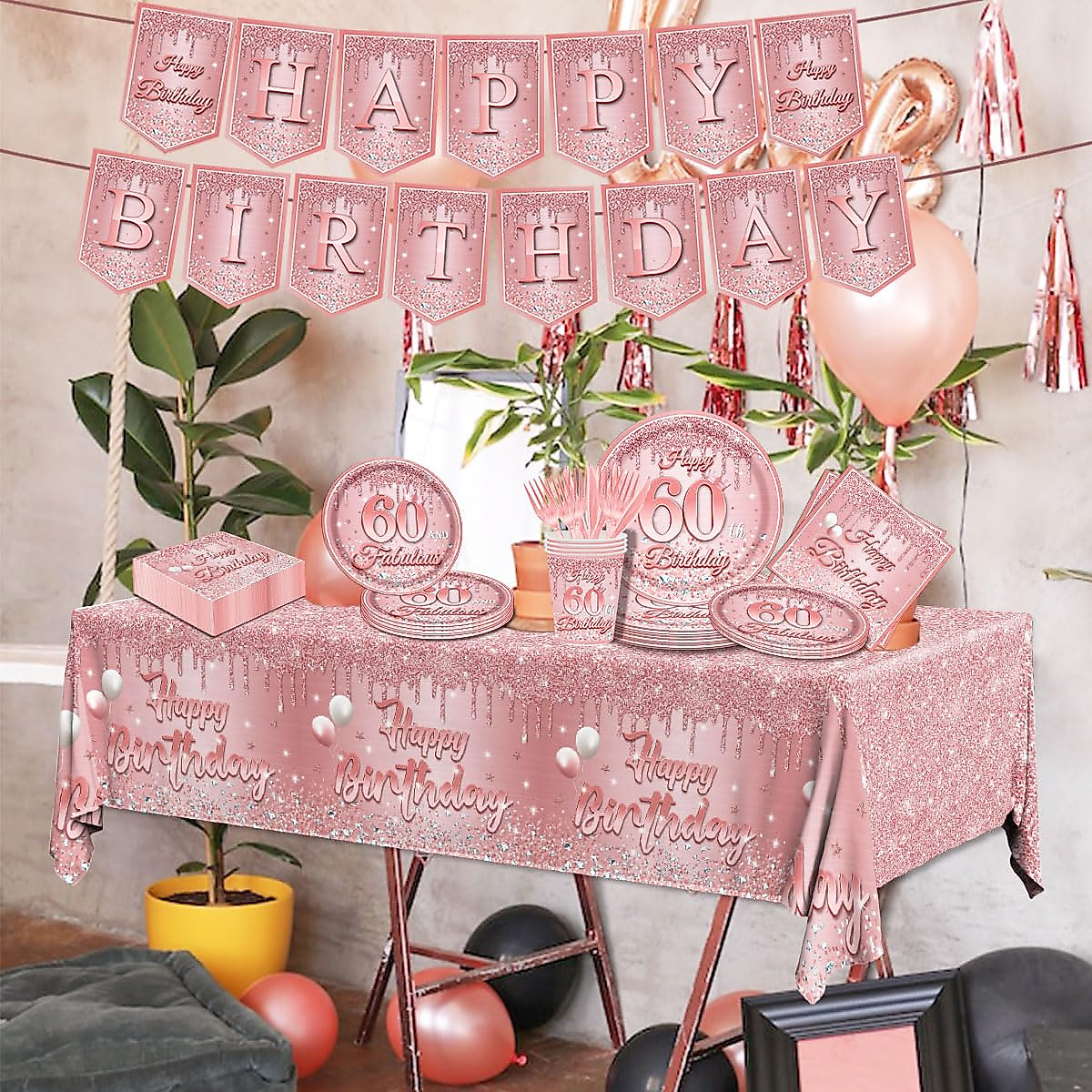 60th Birthday Rose Gold Supplies,142pcs Glitter Pink Rose Gold Tableware Include 60th Birthday Plates and Napkins Cups,Rose Gold Tablecloth Happy Birthday Banner for Women Happy 40th Birthday