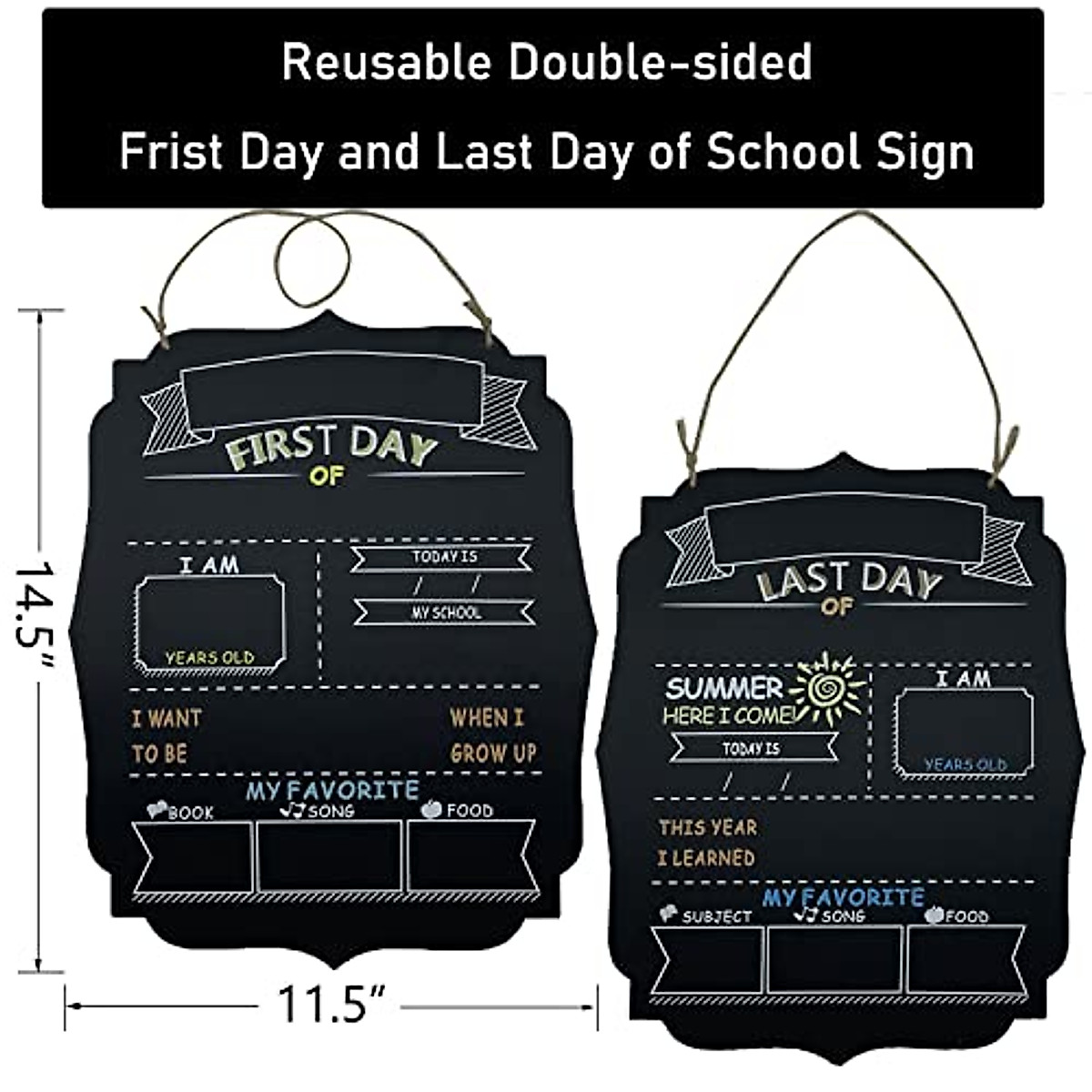 First Day of School Board, Wooden Double-Sided, First and Last Day of School Hanging Chalkboard Sign, 1st Day of Kindergarten Preschool Chalkboard Photo Prop, Back to School Gifts for Kids Boys