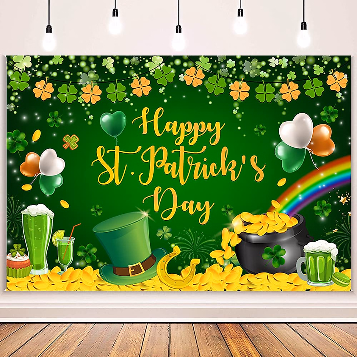 AIBIIN Happy St.Patrick's Day Decorations St.Patrick's Day Banner Backdrop Green Shamrock Photo Background St.Patricks Day Green Backdrop Beer Green Leaf Cover Banner Vinyl 7x5ft