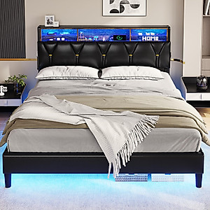 BTHFST Full Size Bed Frame with LED Lights & Charging Station, LED Bed Frame Full Size with Headboard Storage, Faux Leather Upholstered Bed with Shelf Headboard, No Box Spring Needed, Black PU