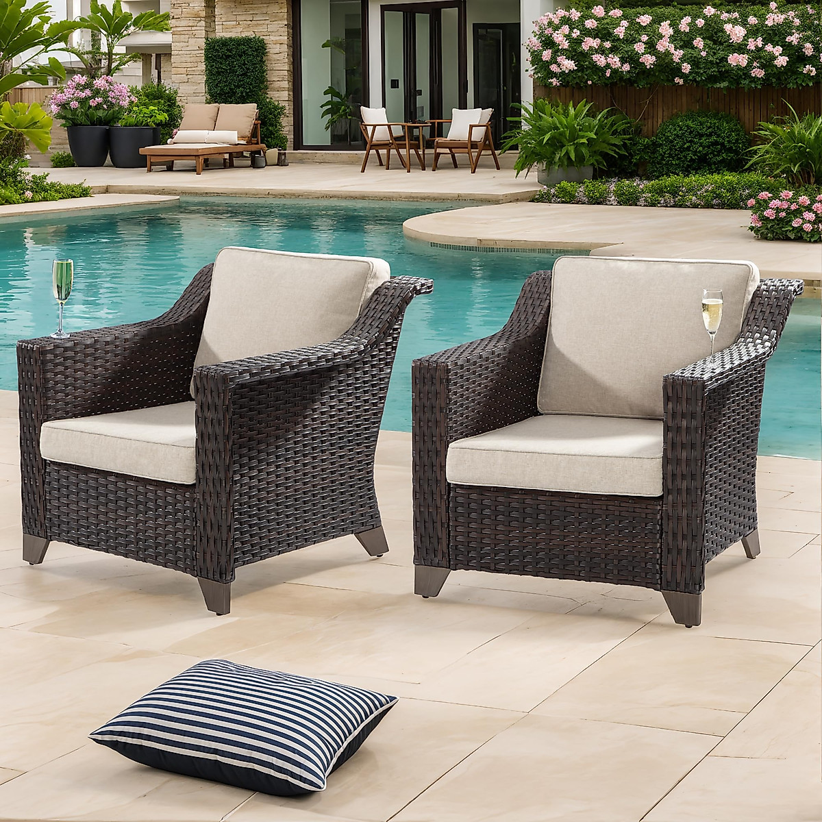 Gardenbee Patio Chairs Set of 2, Rattan Wicker Chairs Outdoors, for Garden Backyard Porch(Brown/Beige)