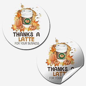 Thanks A Latte Fall & Autumn Pumpkin Spice Thank You Customer Appreciation Sticker Labels for Small Businesses, 60 1.5" Circle Stickers by AmandaCreation, for Envelopes, Postcards, Direct Mail, More!