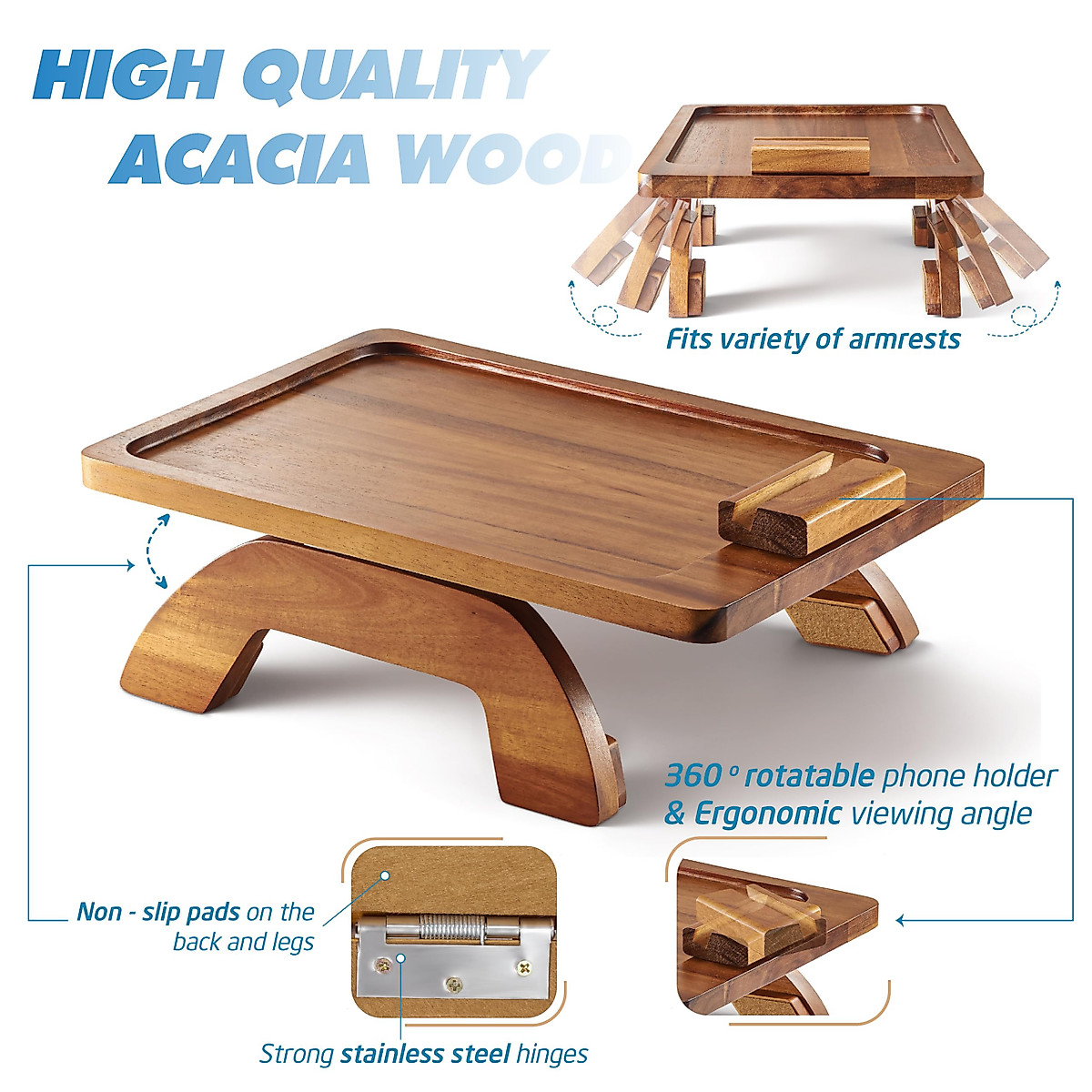 Sofa Armrest Tray, Arm Table Sofa Arm Tray Clip on Tray Table, Sofa Tray Table for Couch, Folding Snack Table with 360 Rotating Phone Bracket, Non-slip/Flexible with Different Armrest Shapes and Width