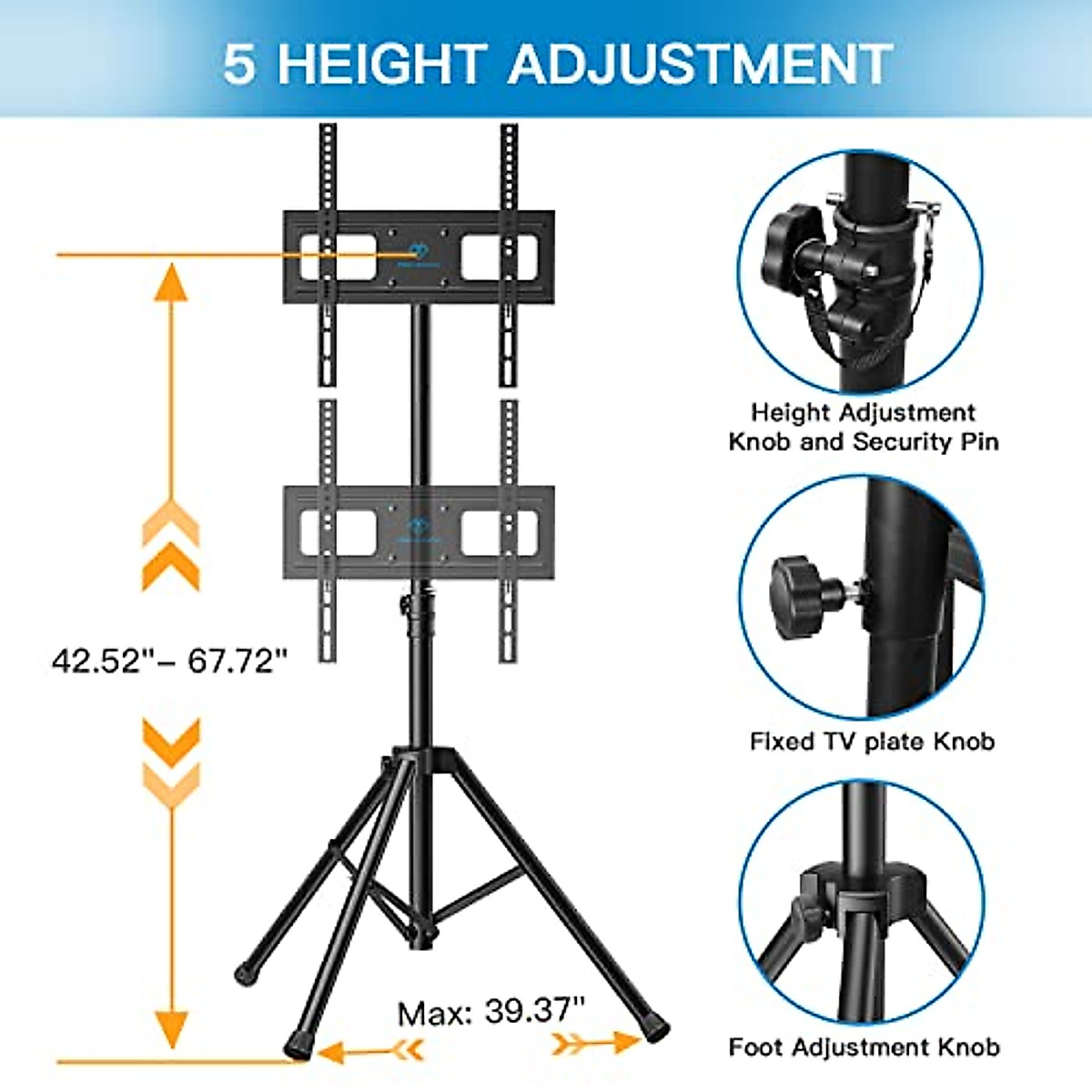 PERLESMITH TV Tripod Stand-Portable TV Stand for 23-60 Inch LED LCD OLED Flat Screen TVs-Height Adjustable Display Floor TV Stand with VESA 400x400mm, Holds up to 88lbs PSTM1