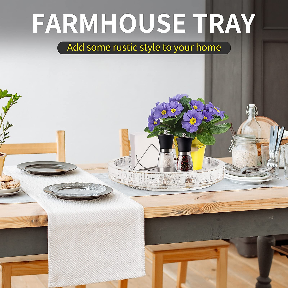 Wood Lazy Susan Turntable, 12 Inch Rustic White Wooden Lazy Susan Organizer for Cabinet, Farmhouse Distressed Round Turntable Tray for Kitchen Countertop Pantry, Dining Table Centerpiece