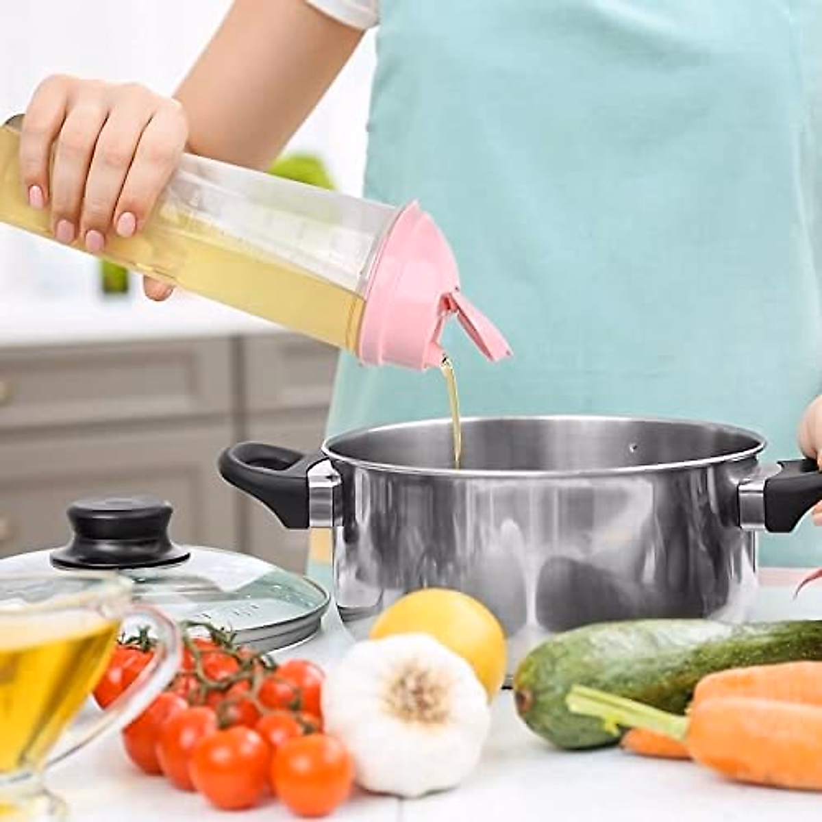 Plastic Olive Oil And Vinegar Dispenser Bottle For Kitchen Cooking With Spout Lid To Pour, Plastic Oil Cruet Container, Thigh Wide Mouth Easy Refill & Clean - BPA Free (25 OZ)