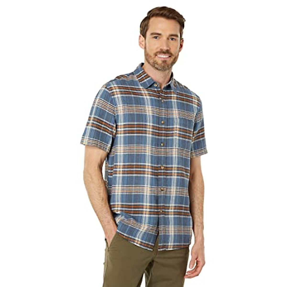 Pendleton Men's Short Sleeve Linen Shirt, Blue Mirage/Angora Plaid, Small