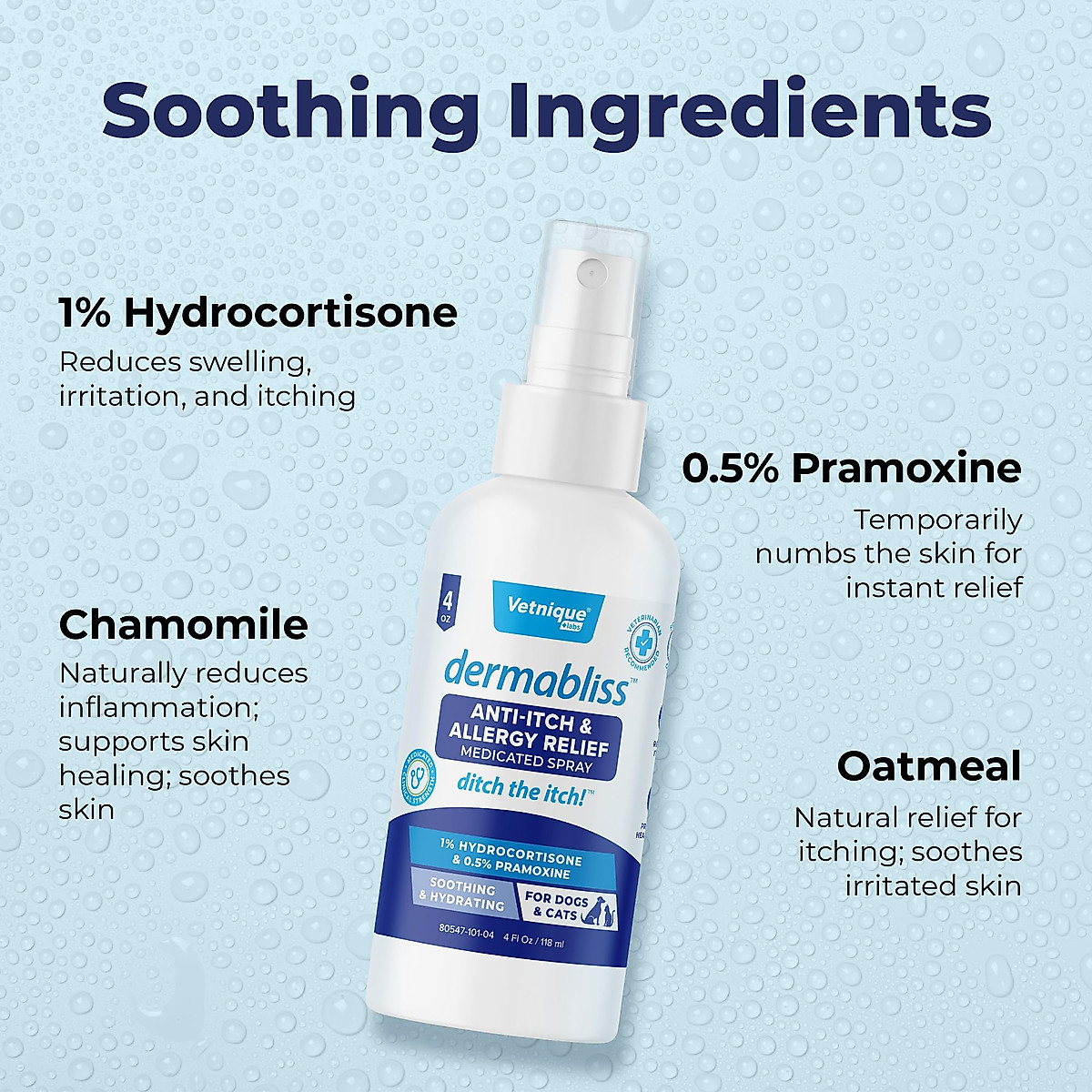 Vetnique Dermabliss Anti Itch Spray for Dogs & Cats with Hydrocortisone for Allergies and Immediate Dog Itching Skin Relief - Fragrance Free with Soothing Oat Extract (4oz Anti Itch Spray)