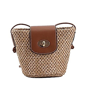 Yviv1yn Women Bag Straw Woven Trend Shoulder Crossbody Bag PU Patchwork Basket Rattan Bag Summer Beach Bolso (Color : Big Khaki, Size : One Size)