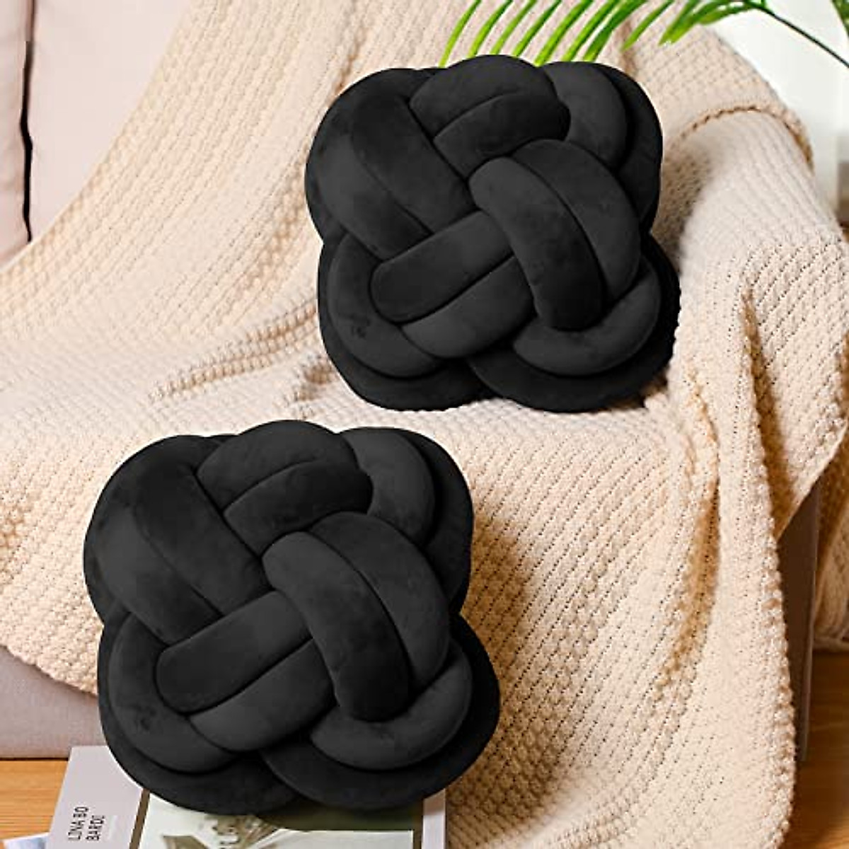 Nuenen 2 Pcs Knot Pillow Ball 12 Inch Flower Creative Knotted Throw Pillows Decorative Sofa Lumbar Pillow Floor Pillow Cushion for Home Bed Couch Car Office Decor Household(Black)
