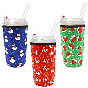 Reusable Iced Coffee Sleeve for Cold Drink Cups, Neoprene Insulator Cup Cover Holder Compatible with Starbucks Dunkin McDonalds Coffee - 3mm Thick (Large Size 30-32oz,Christmas hats style)