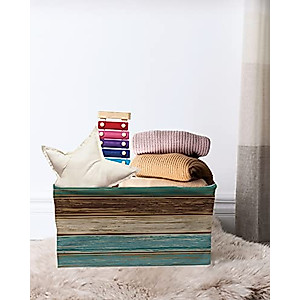 Storage Bins Retro Rustic Barn Wood Teal Green Brown Storage Box Foldable Storage Basket for Shelves Storage Cubes Bin for Organizing Closet Nursery Toy Organizers with Handles