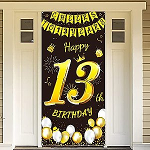 DPKOW Black Gold 13th Birthday Decoration for Boy Girl, Black Gold 13th Birthday Banner for Backdrop Door Decoration,13th Birthday Background Banner for Garden Table Wall Decoration, 185 x 90cm Fabric