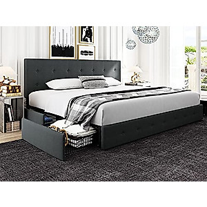 HOOMIC King Size Platform Bed Frame with 4 Storage Drawers, Adjustable Headboard, Square Stitched Button Tufted Design with Wooden Slats, No Box Spring Needed, Dark Grey