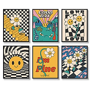 YAODAYAO Hippie Wall Art Vintage Wall Decor Prints Set of 6 Hippie Flower Canvas 60s 70s Retro Posters Abstract Minimalist Happy Face Photos Boho Pictures for Living room Bedroom (C, 8"x10" UNFRAMED)