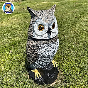 Owlery Solar Owl with Flashing Eyes, Rotating Head and Realistic Tweets, Plastic Owl Decoration for Home, Garden, Patio and Fence, 15 in x 5.5 in x 5.5 in