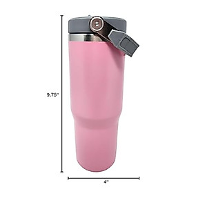 FTB Creative 30oz Flip Straw Insulated Tumbler, Double Wall Stainless Steel, Leak Proof Cup (Pink)