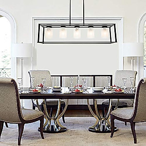 VINLUZ 5 Light Kitchen Island Chandeliers Farmhouse Black Linear Dining Rooms Lighting Fixtures Hanging with White Alabaster Glass Shade Rectangle Modern Industrial Pendant Ceiling Lights