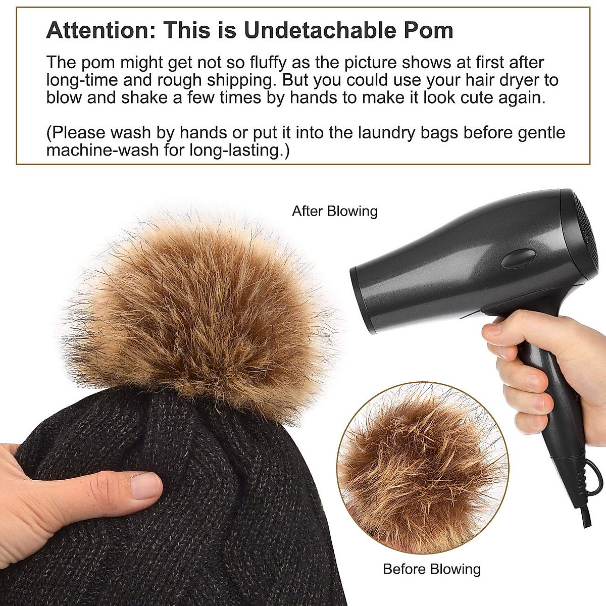Thick Snow Hat-and-Mittens Set for-Women Black, Warm Faux Fur Pom Pom Beanie-with-Gloves Cute Pompom Ladies Winter Caps