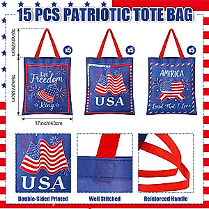 Hosuly 15 Pcs USA Tote Bags, 15 x 17 Inch Non Woven American Flag Bags with Handle Patriotic USA Supplies for Veterans Day Party Favor