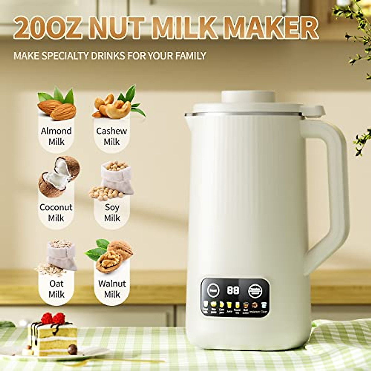 Nut Milk Maker Machine - 20 oz Multi Automatic Almond Milk Machine with 10 Blades, Homemade Almond, Oat, Soy, Etc Grain, Soy Milk Maker Machine with Delay Start/Keep Warm/Self-Cleaning/Free Filtering