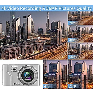 Saneen Digital Camera, 4K Kids Cameras for Photography, 48MP Compact Point and Shoot Photography Cameras for Teens, Kids, Elder, Beginners, 16X Digital Zoom, with 32GB SD Card & 2 Batteries - Silver