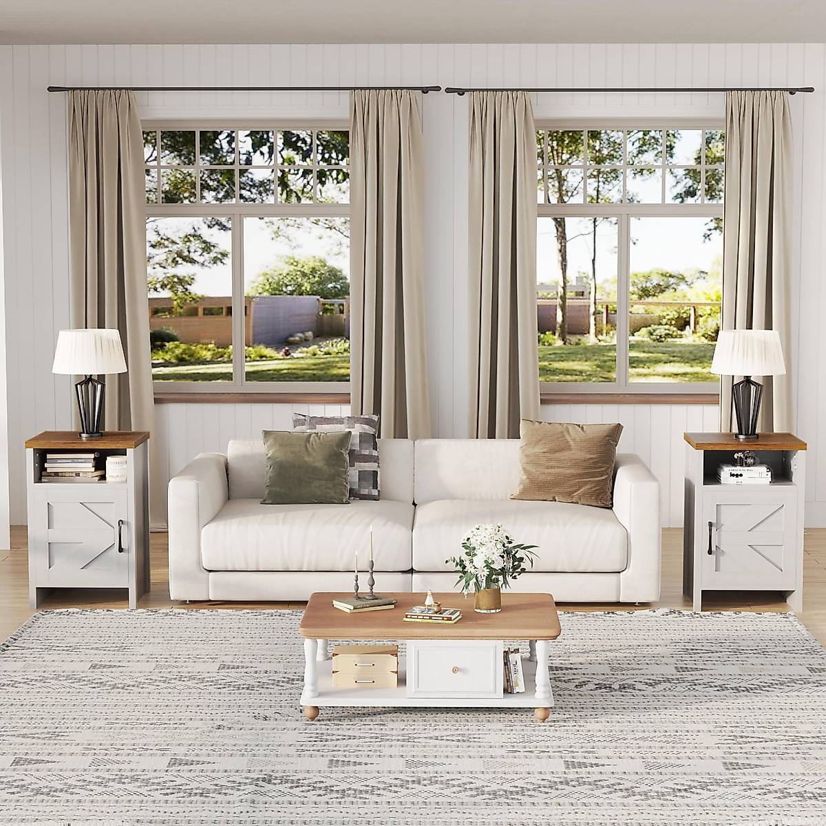 JUMMICO Farmhouse Nightstand, Modern Bedside Table with Barn Door and Shelf, Rustic End Table Side Table for Bedroom, Living Room (2, White)