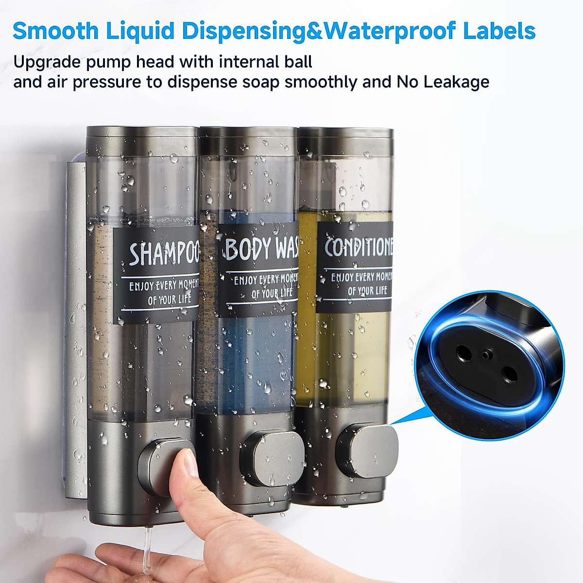 Shampoo and Conditioner Dispenser,GlintGath Shower Dispenser 3 Chamber No Drill Shampoo Dispenser for Shower Wall Mounted Shower Soap Dispenser for Bathroom Hotel,3 * 300ML,Gun Gray