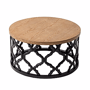 COZAYH Rustic Farmhouse Coffee Table, Distressed Wood Top Table with Curved Motif Frame Base for Modern, French Country Decor, Round, Black