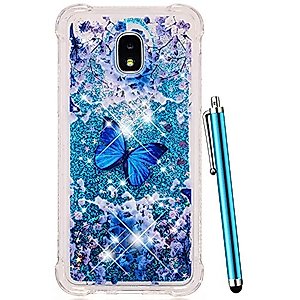 CAIYUNL for Galaxy J7 Refine Case,J7 2018,Samsung J7 Top,J7 Crown,J7 Aero,J7 Aura,J7 Eon,J7 Star Glitter Sparkle Liquid Bling Quicksand Clear TPU Cover Luxury Cute Women Men Shockproof -Blue Butterfly