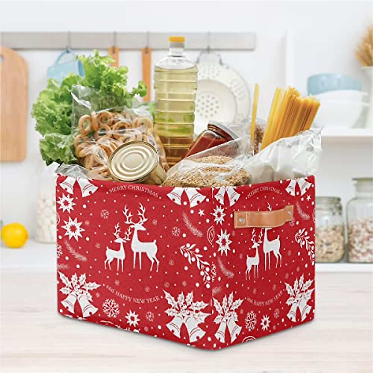 Cute Christmas Decor Storage Basket Bins Cubes Organizer Xmas Red and White Deer Foldable Storage Box with Leather Handles Collapsible Closet Storage Bins for Shelves Kids Toys Closets Nursery Bedroom