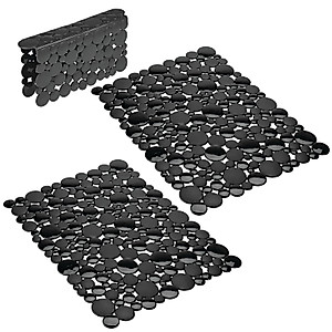 mDesign Decorative Kitchen Plastic Sink Protector Set, Quick Draining - Protect Surfaces and Dishes - Modern Bubble Design - Includes 1 Saddle, 2 Large Mats - Set of 3 - Black