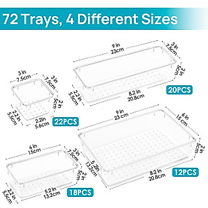 Vtopmart 72 PCS Clear Plastic Drawer Organizers Set, 4-Size Versatile Bathroom and Vanity Drawer Organizer Trays, Non-Slip Storage Bins for Makeup, Jewelries, Kitchen Utensils and Office Desk