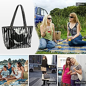 2 in 1 Semi Clear Beach Tote Bags Large Work Shoulder Bag with Interior Pouch (Black)