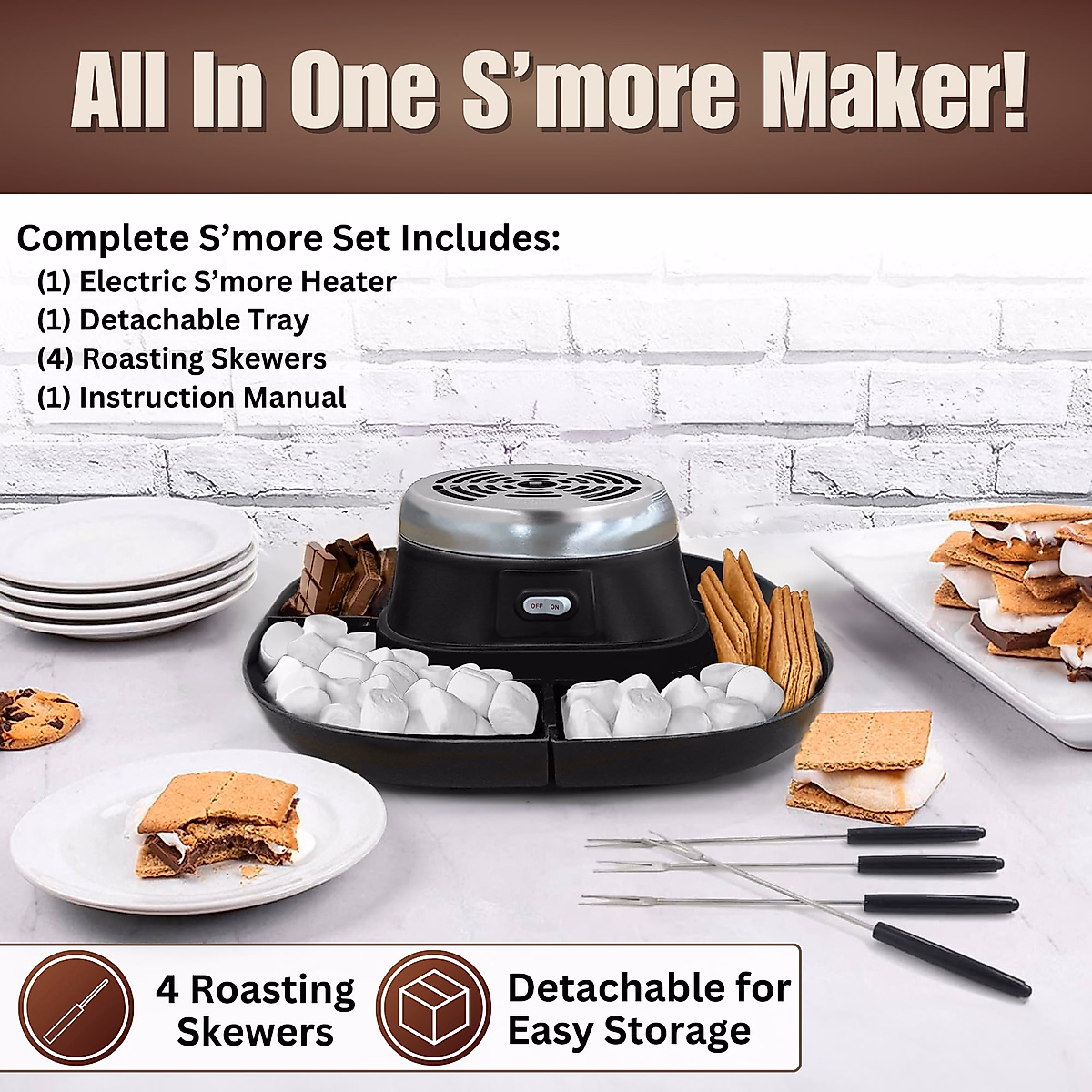 S'MORES GALORE™ Electric Smores Maker Tabletop Indoor - Perfect Family Smore Maker All Year Long - Indoor Marshmallow Roaster Smores Kit & Serving Tray - Electric S'mores Maker w/4 Skewers