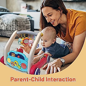 Baby Gym Play Mat & Baby Walker, Baby Activity Center with Music and Light, Tummy Time Mat, Push Toys for Toddler, Detachable Play Piano and Rattles for Newborn Babies Infants Boys Girls