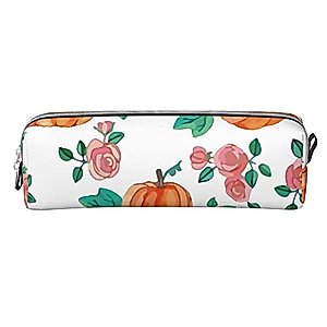 allgobee Pu Leather Pencil Bag Pen Case Pumpkins-Roses-Watercolor Students Stationery Pouch Pencil Holder Desk Organizer