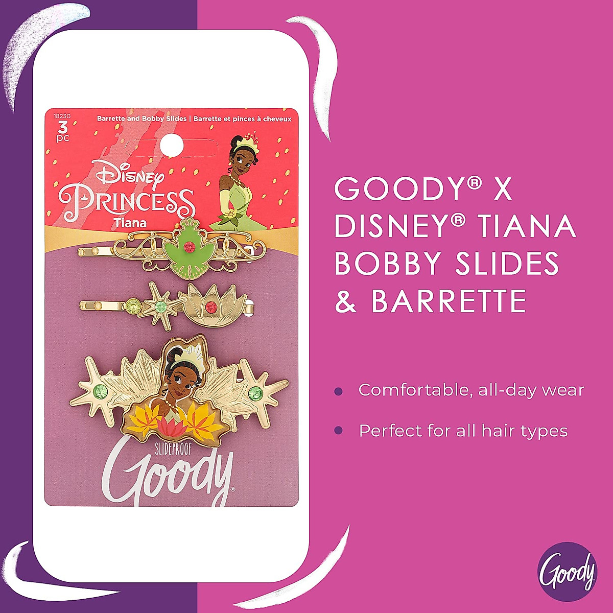 GOODY Bobby Pin and Barrette Set - Disney Princess, Tiana - Slideproof Rhinestone Bobbies - Hair Accessories for Men, Women, Boys & Girls - Style With Ease & Keep Your Hair Secured - All Hair Types