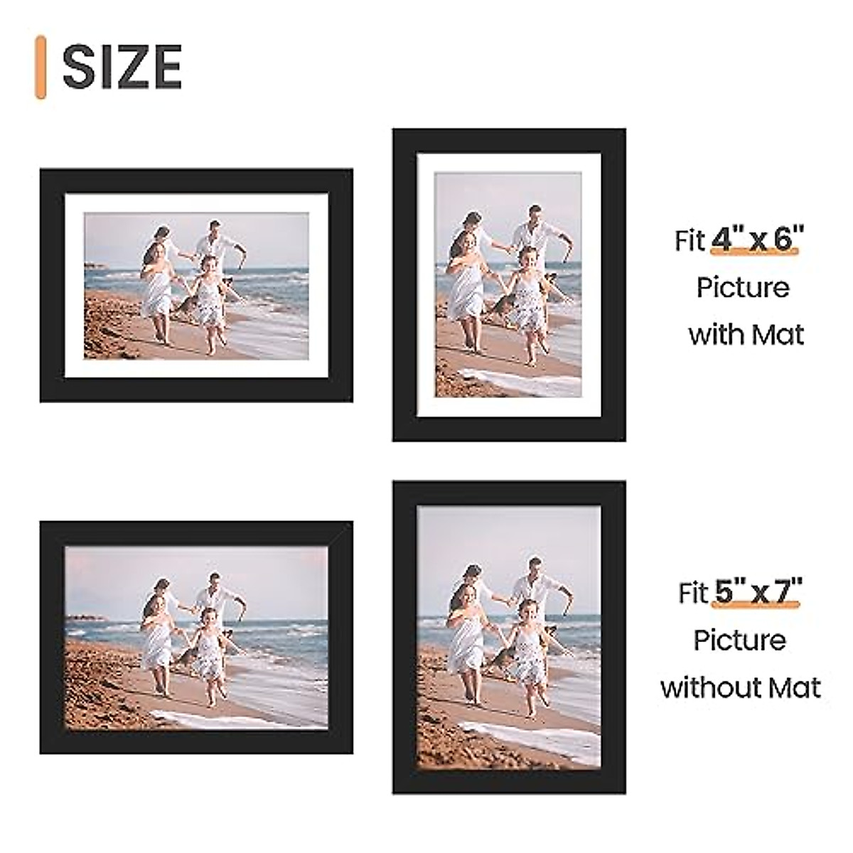 upsimples 5x7 Picture Frame Set of 3, Made of High Definition Glass for 4x6 with Mat or 5x7 Without Mat, Wall and Tabletop Display Photo Frames, Black