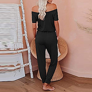 Bblulu Womens Casual Short Sleeve Off Shoulder Jumpsuits Solid Color Drawstring Elastic Waist Jumpsuit Romper with Pockets