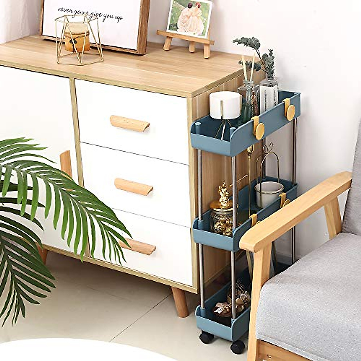 Melody House 3-Tier Slim Mobile Shelving Unit on Wheels, Slide Out Rolling Bathroom Storage Organizer, Utility Carts Shelf Rack for Kitchen Bathroom Laundry Room Narrow Places, Navy Blue