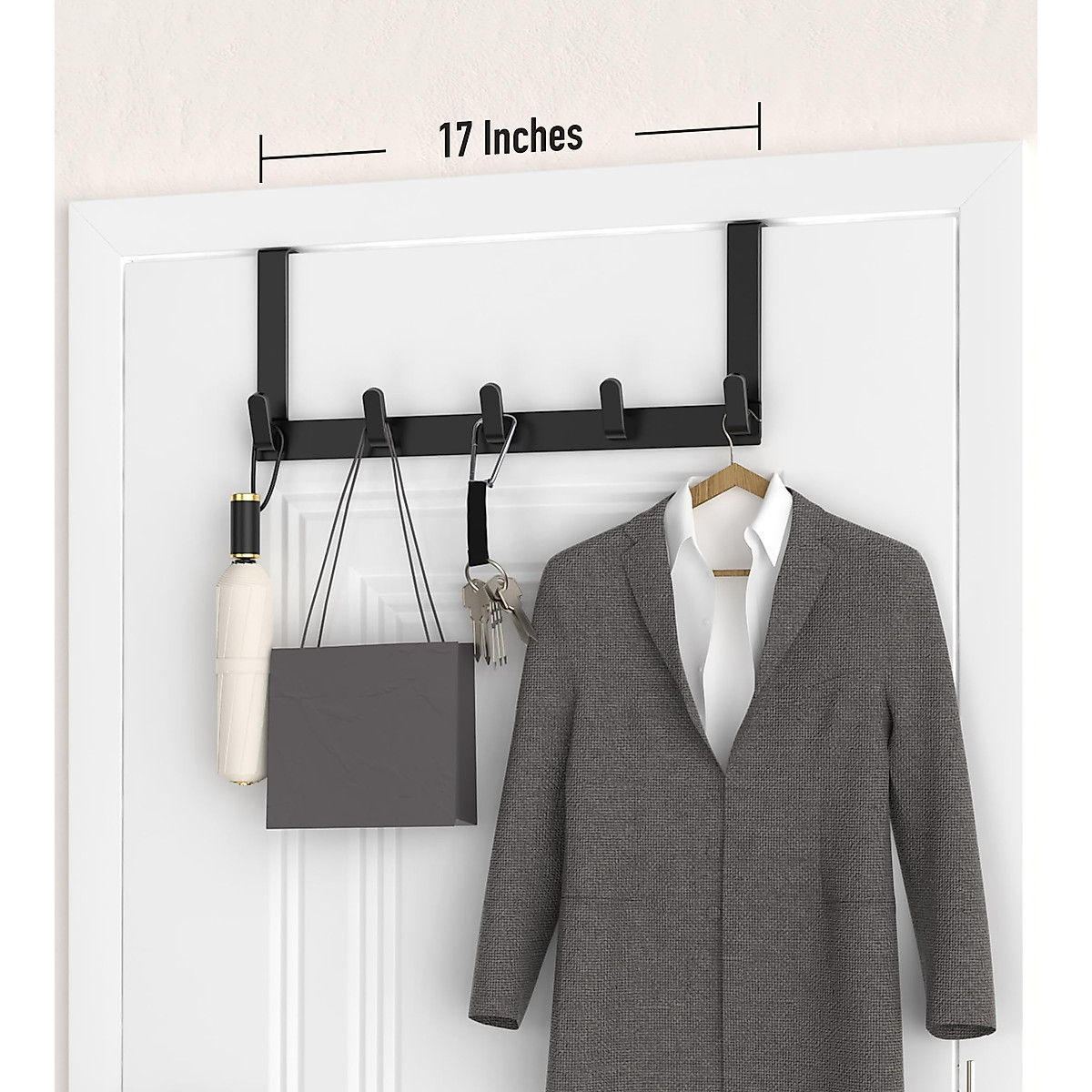 KitchLife Over The Door Hooks Hanger with Extended Arms for Easy Use by Women - Bathroom Accessories and Towel Rack Organization - 1 Pack, Matte Black