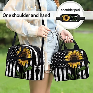 Drydeepin Sunflower American Flag 4Th Of July Design Lunch Bags for Women Portable Lightweight Patriotic Lunch Tote Bag Handbag wth Adjustable Shoulder Strap Insulated Reusable Lunch Box