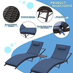 ALAULM Pool Lounge Chairs Outdoor Adjustable Chaise Lounge Chairs w/Sponge Cushion,2 Foldable & Portable Chairs and 1 Table for Poolside Patio Courtyard Seaside,Dark Blue