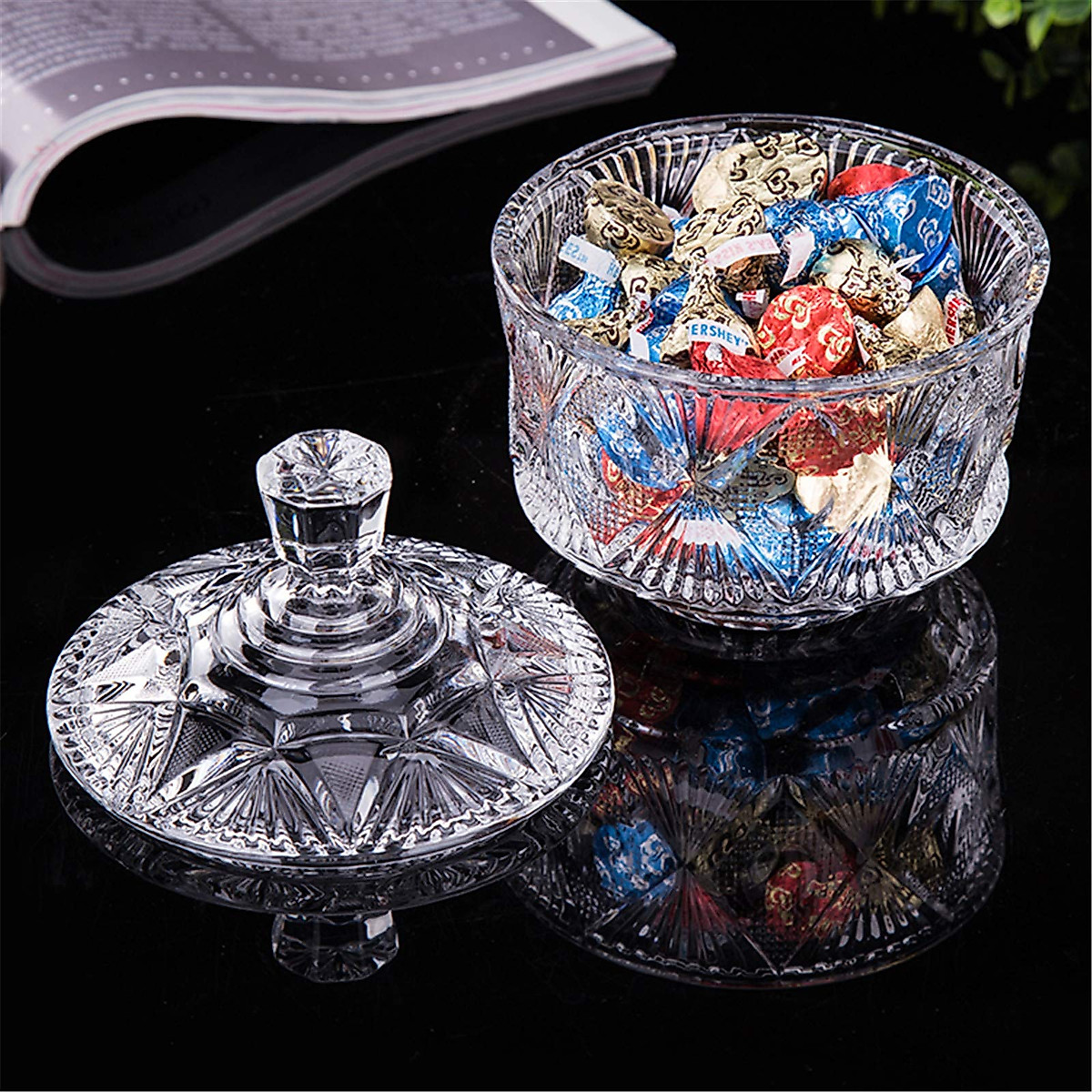 Old Glass Candy Dish with Lid – Transparent Storage Jar –Clear Covered Box for Food Storage and Organization Kitchen , Office , Home Decoration– Set of 1(Diameter: 5 Inch) 11 Ounce