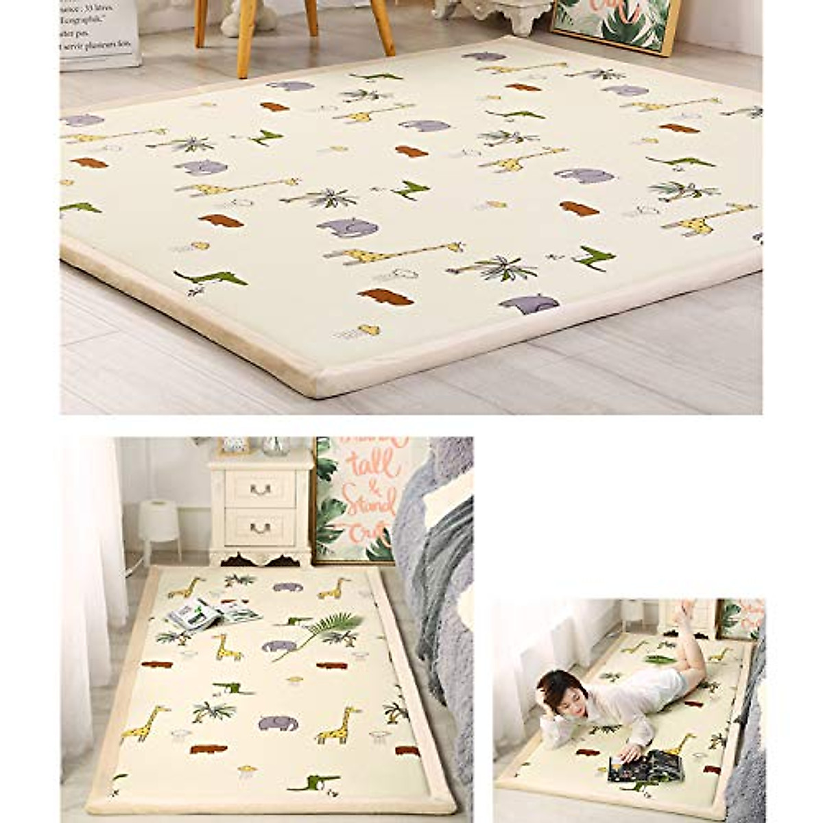Loartee Kids Play Area Rug - 1.2" Soft & Thick Coral Velvet Nursery Rug, Crawling Mat for Toddler, Jungle Animals Play Mat, Non-Toxic & Anti-Skid, Light Yellow, Size:5.0'x5.0'(About 150x150cm)